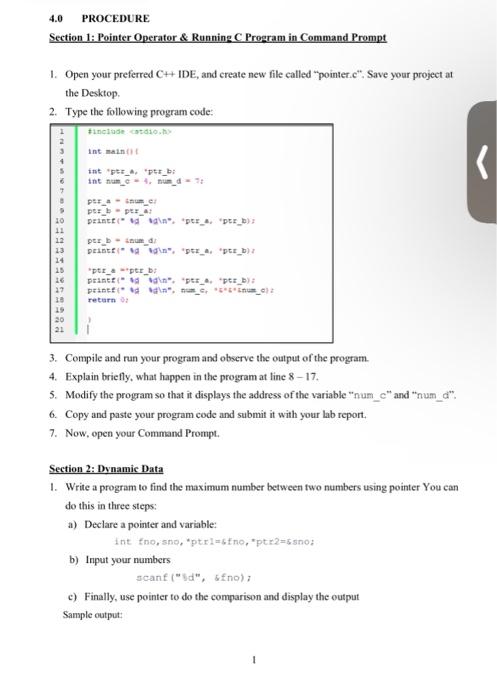 Solved 4.0 PROCEDURE Section 1: Pointer Operator \& Running | Chegg.com