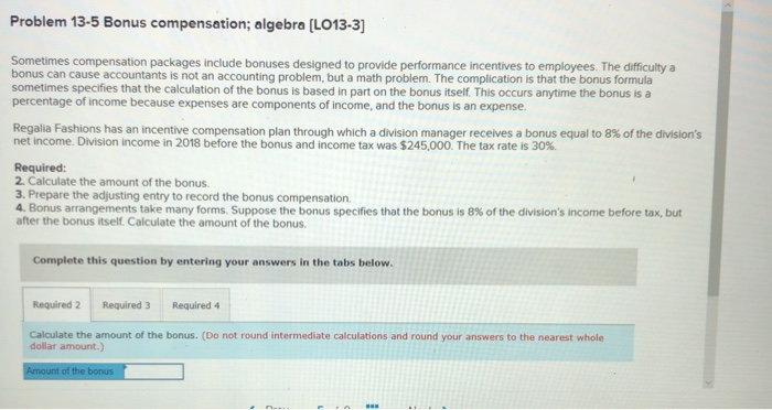 Solved Problem 13-5 Bonus compensation; algebra (LO13-3] | Chegg.com
