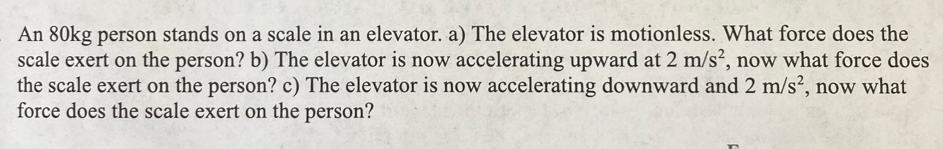 Solved An 80kg ﻿person stands on a scale in an elevator. a) | Chegg.com