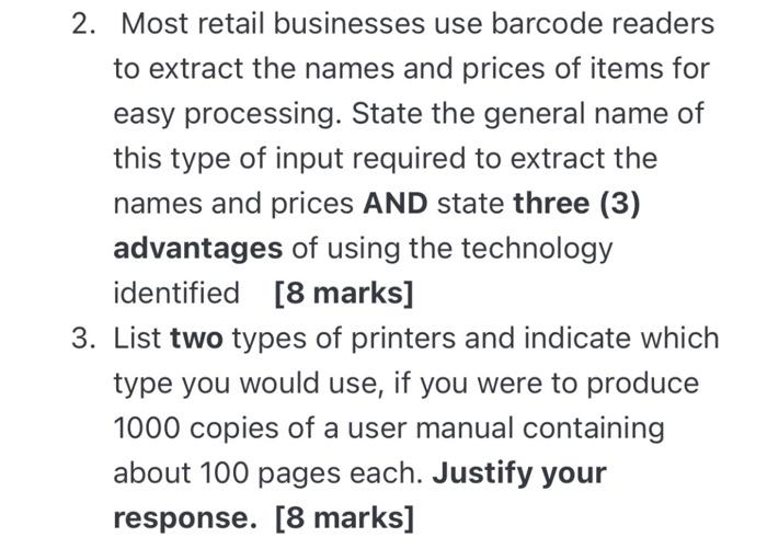 Solved 2. Most retail businesses use barcode readers to | Chegg.com