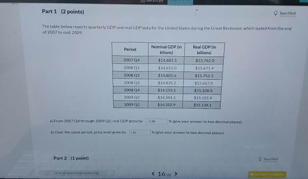 Solved Part 1 (2 points) See Hint The table below reports | Chegg.com