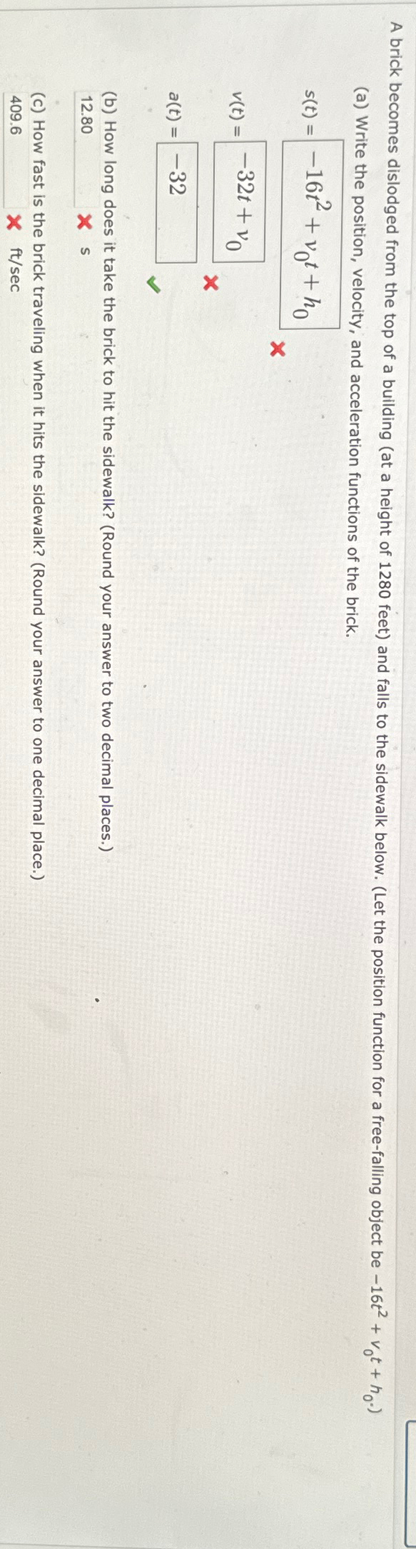 Solved A brick becomes dislodged from the top of a building | Chegg.com