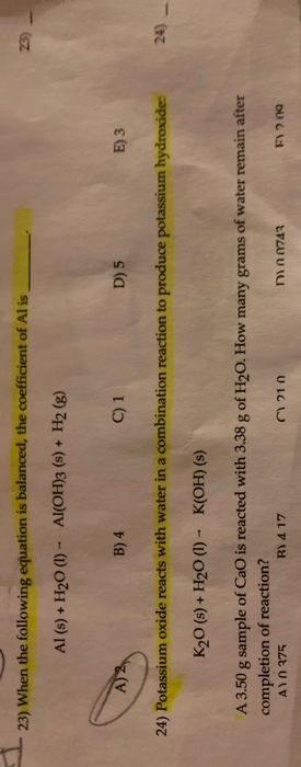 Solved potassium oxide reacts with water in a combination | Chegg.com