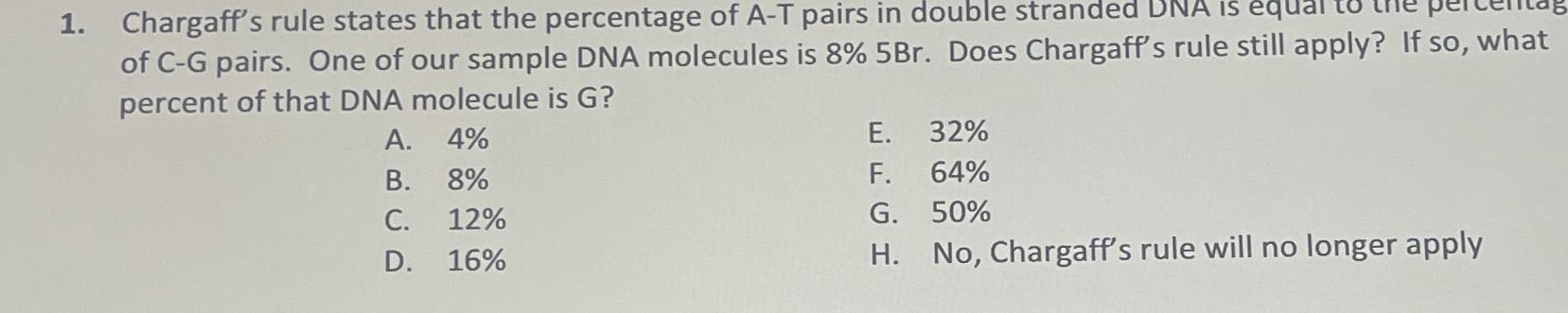 Solved Chargaff's rule states that the percentage of A-T | Chegg.com