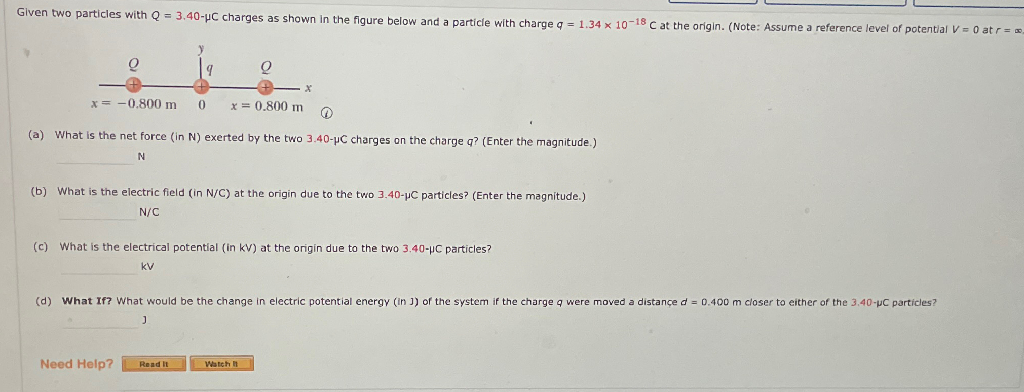 Given two particles with Q=3.40-μC ﻿charges as shown | Chegg.com