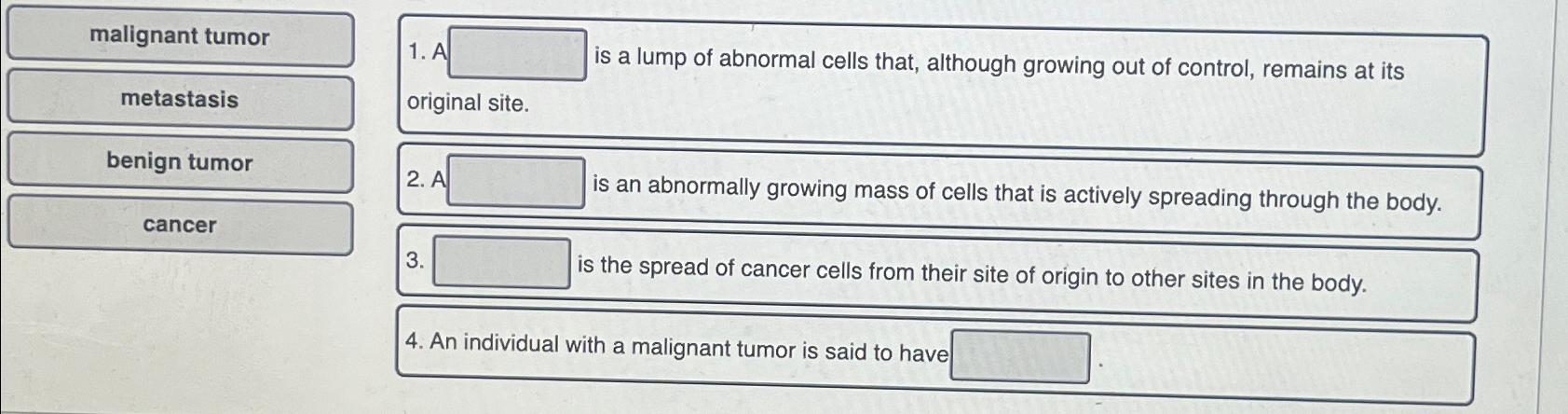 Solved malignant tumormetastasisbenign tumorcancer | Chegg.com