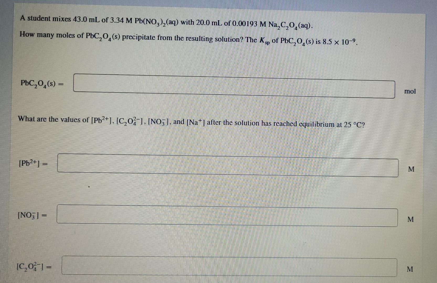 Solved A student mixes 43.0 mL of 3.34 M Pb(NO3)2(aq) with | Chegg.com