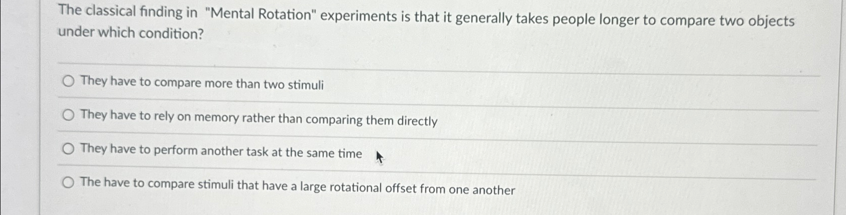 Solved The classical finding in "Mental Rotation" | Chegg.com