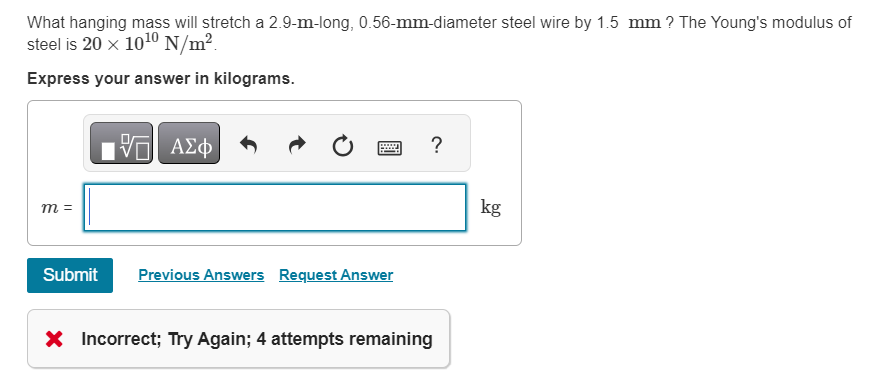 Solved What hanging mass will stretch a 2.9-m-long, | Chegg.com