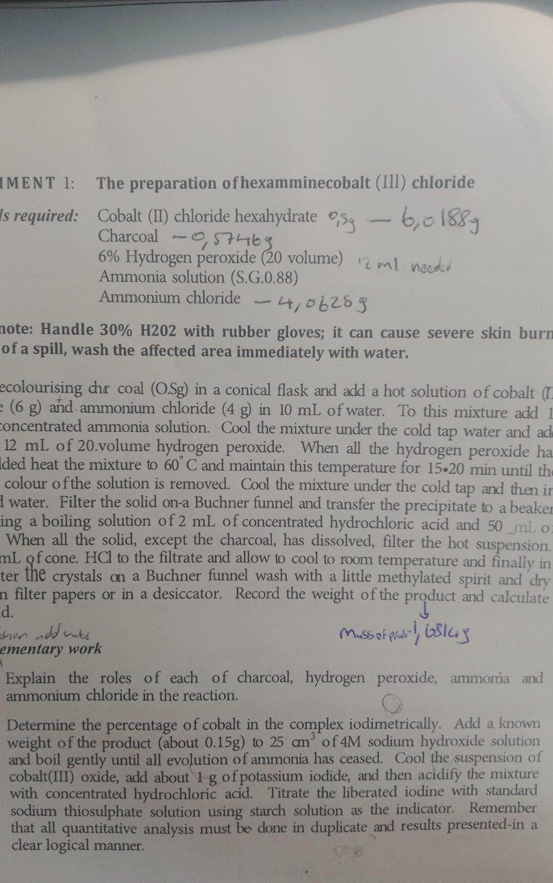 IMENT 1: The preparation of hexamminecobalt (Ill) | Chegg.com