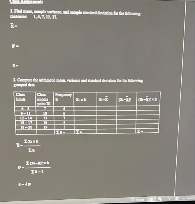 Solved Class Assignment: 1. Find mean, sample variance, and | Chegg.com