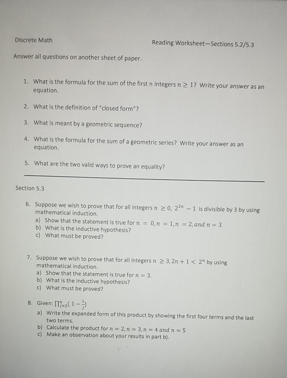 Solved Discrete Math Reading Worksheet-Sections 5.2/5.3 | Chegg.com