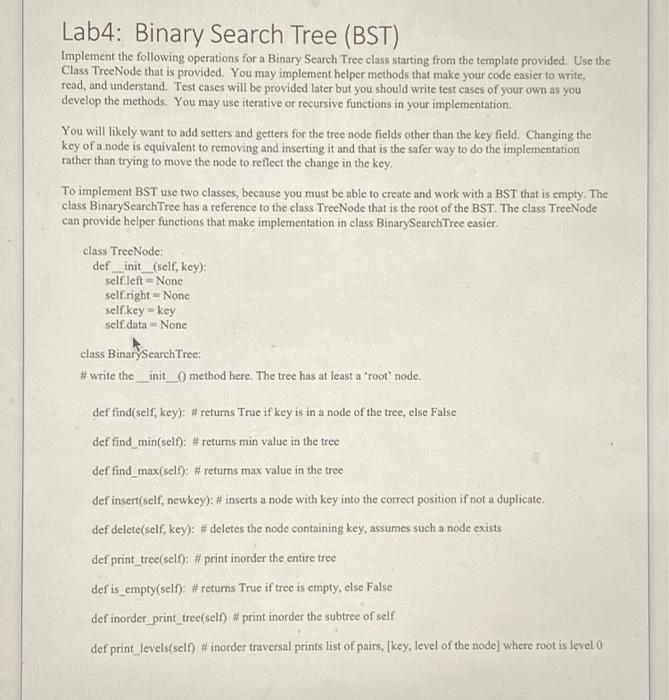 Solved Lab4: Binary Search Tree (BST) Implement the | Chegg.com