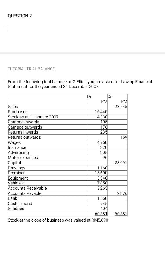 Solved TUTORIAL TRIAL BALANCE QUESTION 1 From the following | Chegg.com