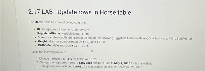 Solved 2.17 LAB - Update rows in Horse table The Horse table | Chegg.com