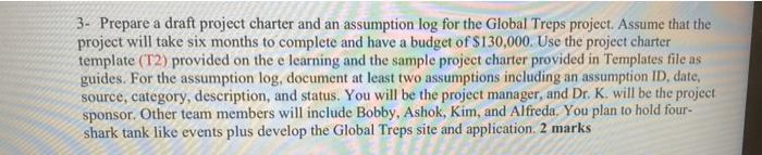 Solved 3- Prepare a draft project charter and an assumption | Chegg.com