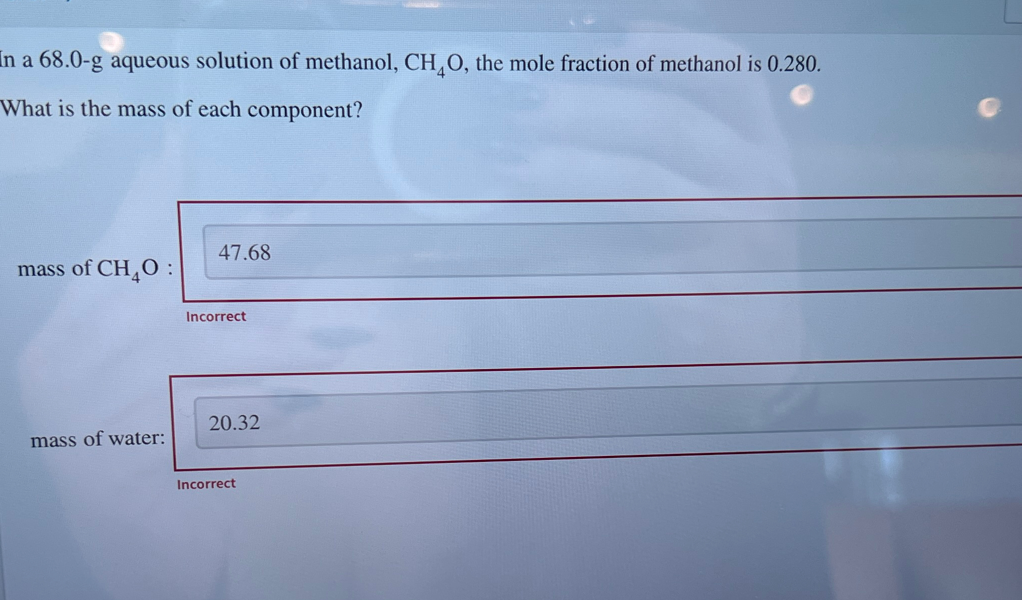 Solved In a 68.0g ﻿aqueous solution of methanol, CH4O, ﻿the | Chegg.com