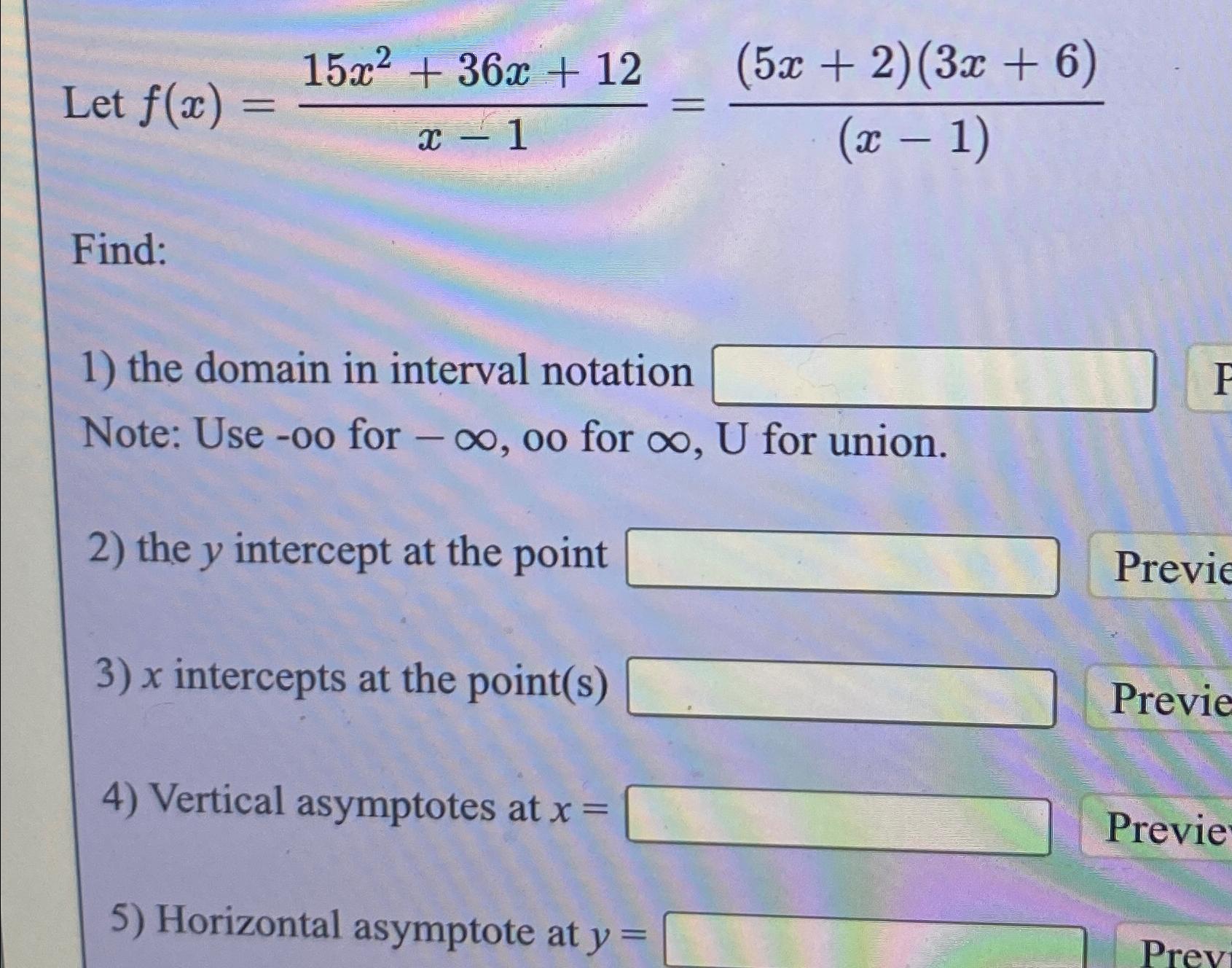 Solved Let f(x)=15x2+36x+12x-1=(5x+2)(3x+6)(x-1)Find:the | Chegg.com