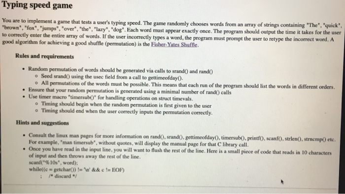 Typing speed game You are to implement a game that | Chegg.com