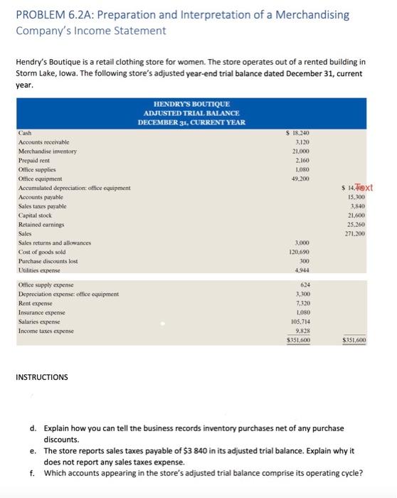 Solved PROBLEM 6.2A: Preparation and interpretation of a | Chegg.com