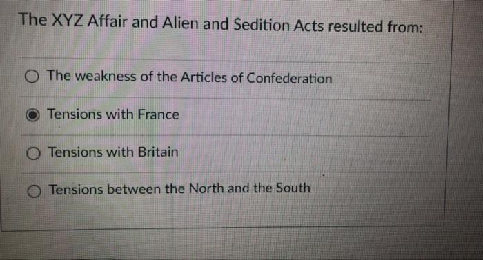 The XYZ Affair and Alien and Sedition Acts resulted | Chegg.com