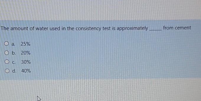 Solved The amount of water used in the consistency test is | Chegg.com