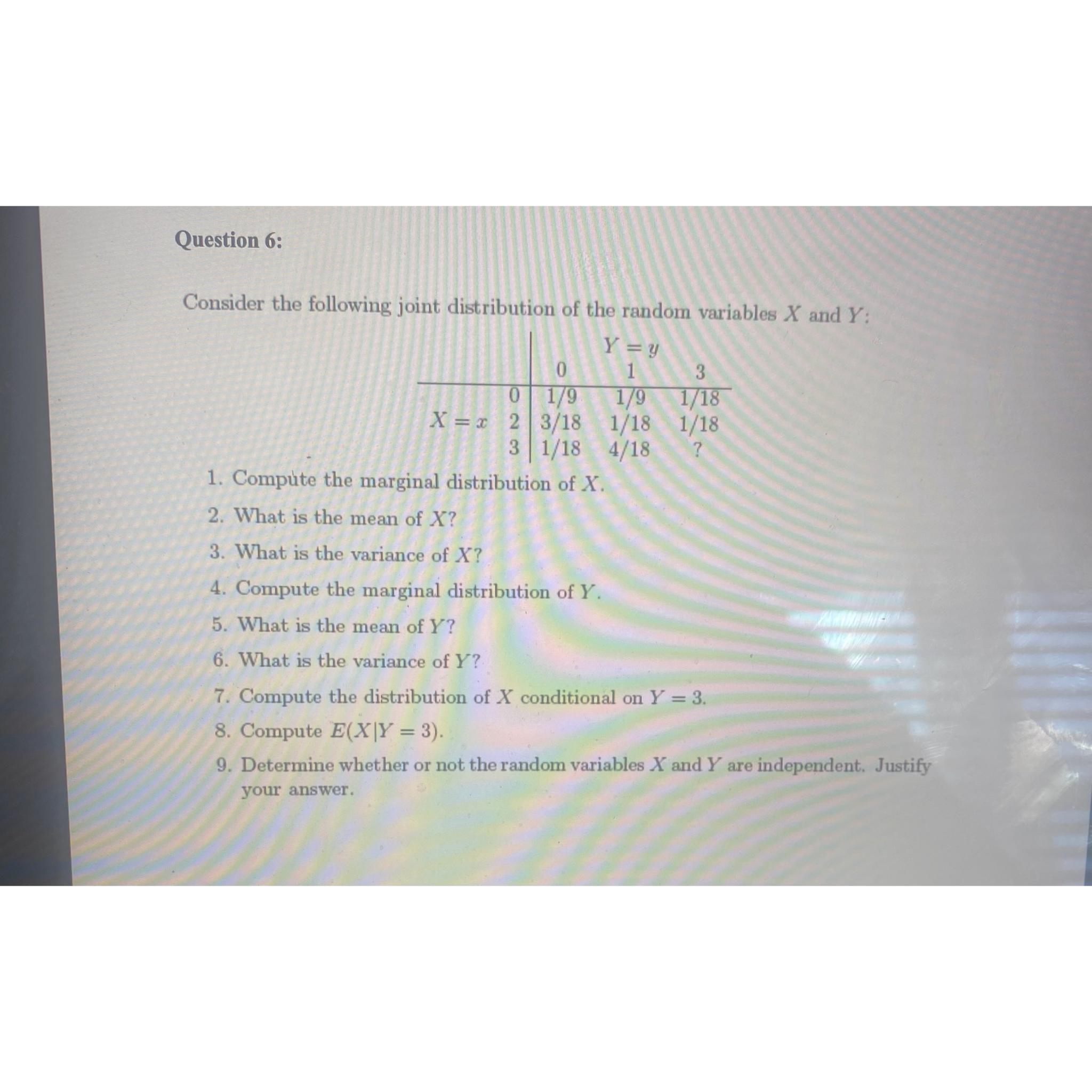 Question 6:Consider the following joint distribution | Chegg.com
