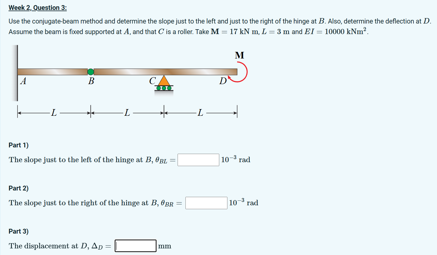 Solved Week 2, ﻿Question 3:Use the conjugate-beam method and | Chegg.com