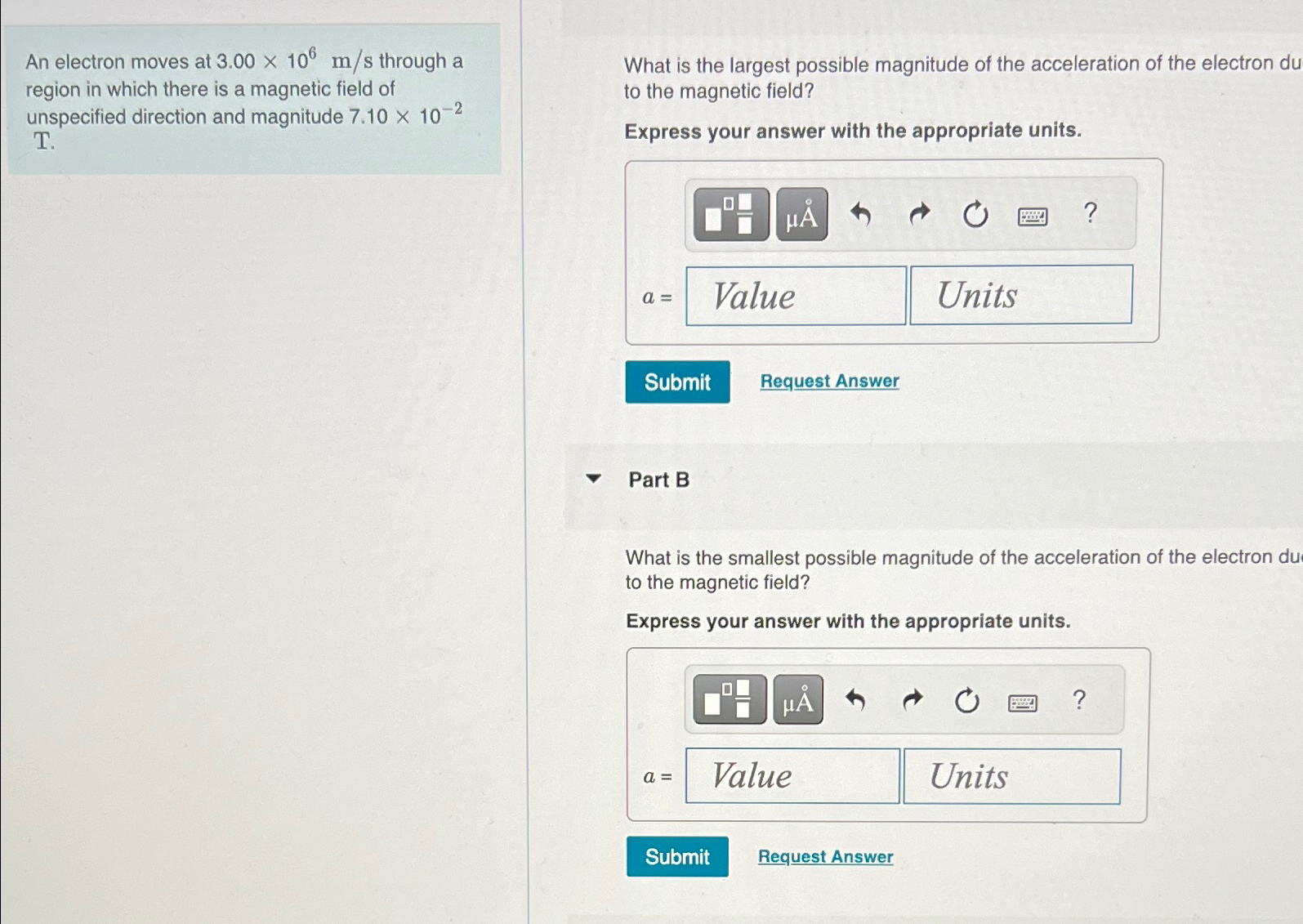 Solved An electron moves at 3.00×106ms ﻿through a region in | Chegg.com