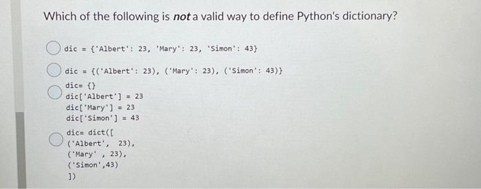 Solved Which of the following is not a valid way to define | Chegg.com