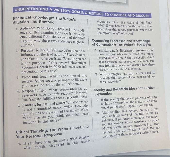 UNDERSTANDING A WRITER'S GOALS: QUESTIONS TO CONSIDER | Chegg.com