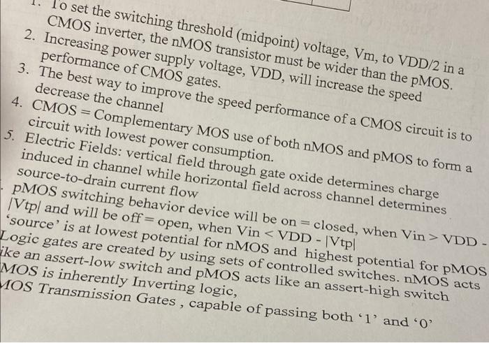 Solved 1. To set the switching threshold (midpoint) voltage, | Chegg.com