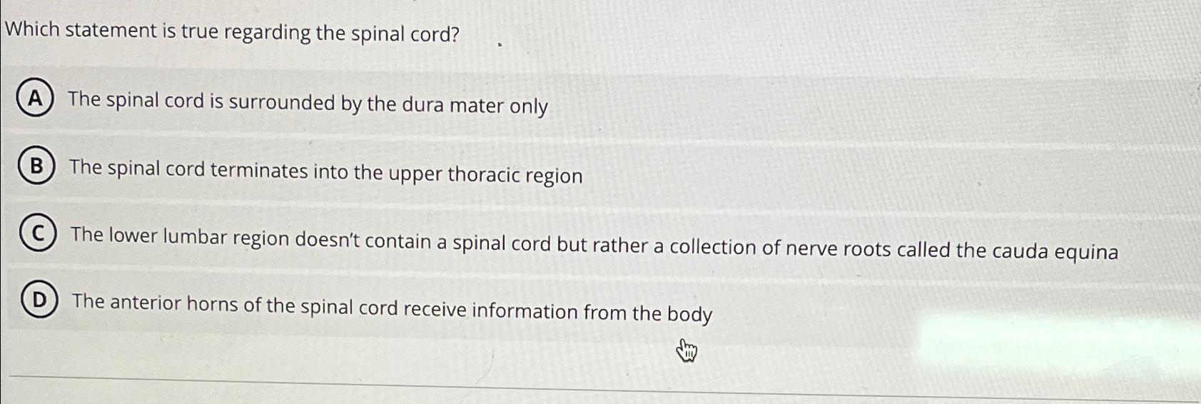 Solved Which statement is true regarding the spinal cord?The | Chegg.com