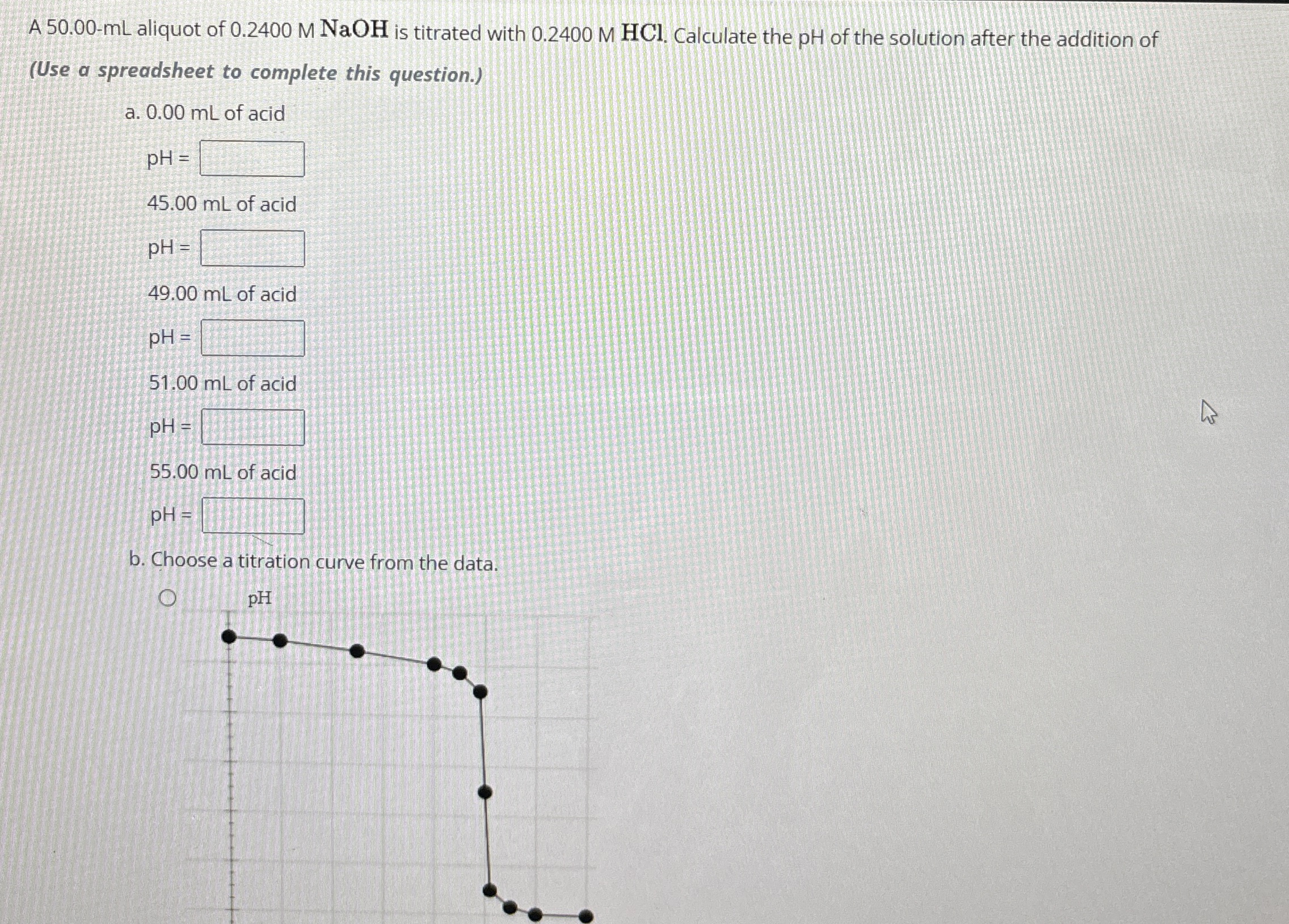 Solved A 50.00-mL ﻿aliquot of 0.2400 ﻿M NaOH is titrated | Chegg.com
