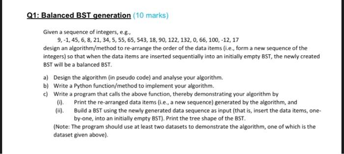Solved 1: Balanced BST generation (10 marks) Given a | Chegg.com