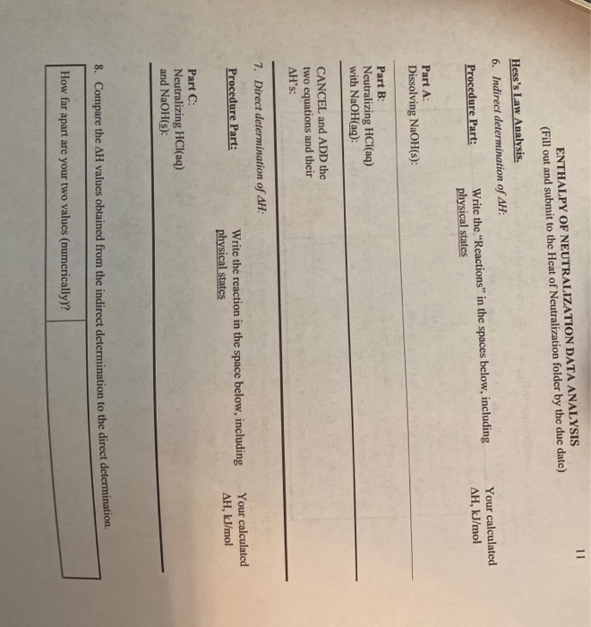 Solved ENTHALPY OF NEUTRALIZATION DATA ANALYSIS (Fill out | Chegg.com