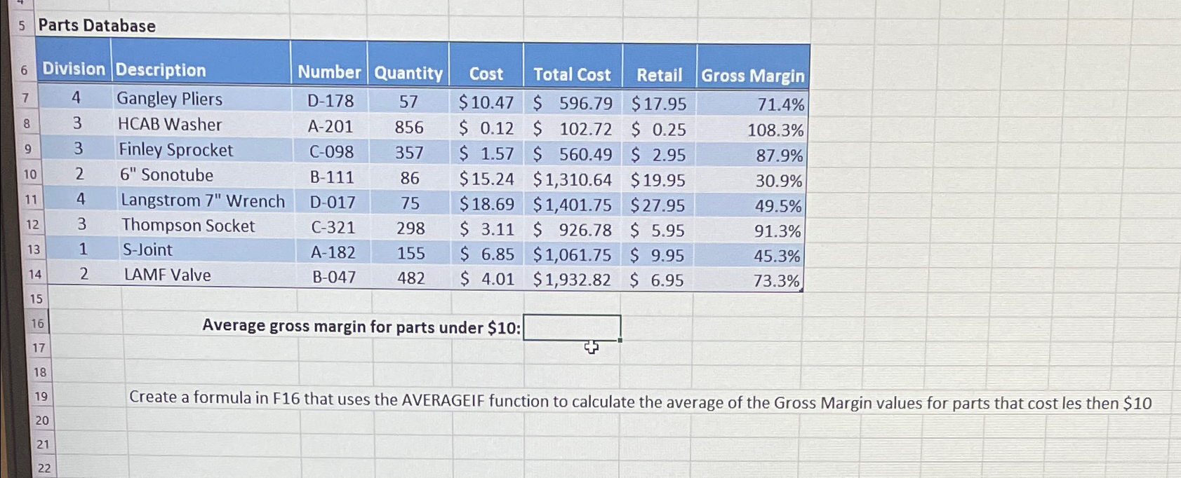 Solved \table[[Parts Database,Number,Quantity,Cost,Total | Chegg.com