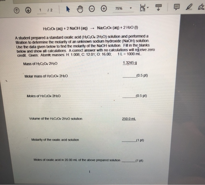 Solved 1 75% 1 2 H2C2O4 (aq) + 2NaOH(aq) Na2C2O4 (aq) + 2 | Chegg.com