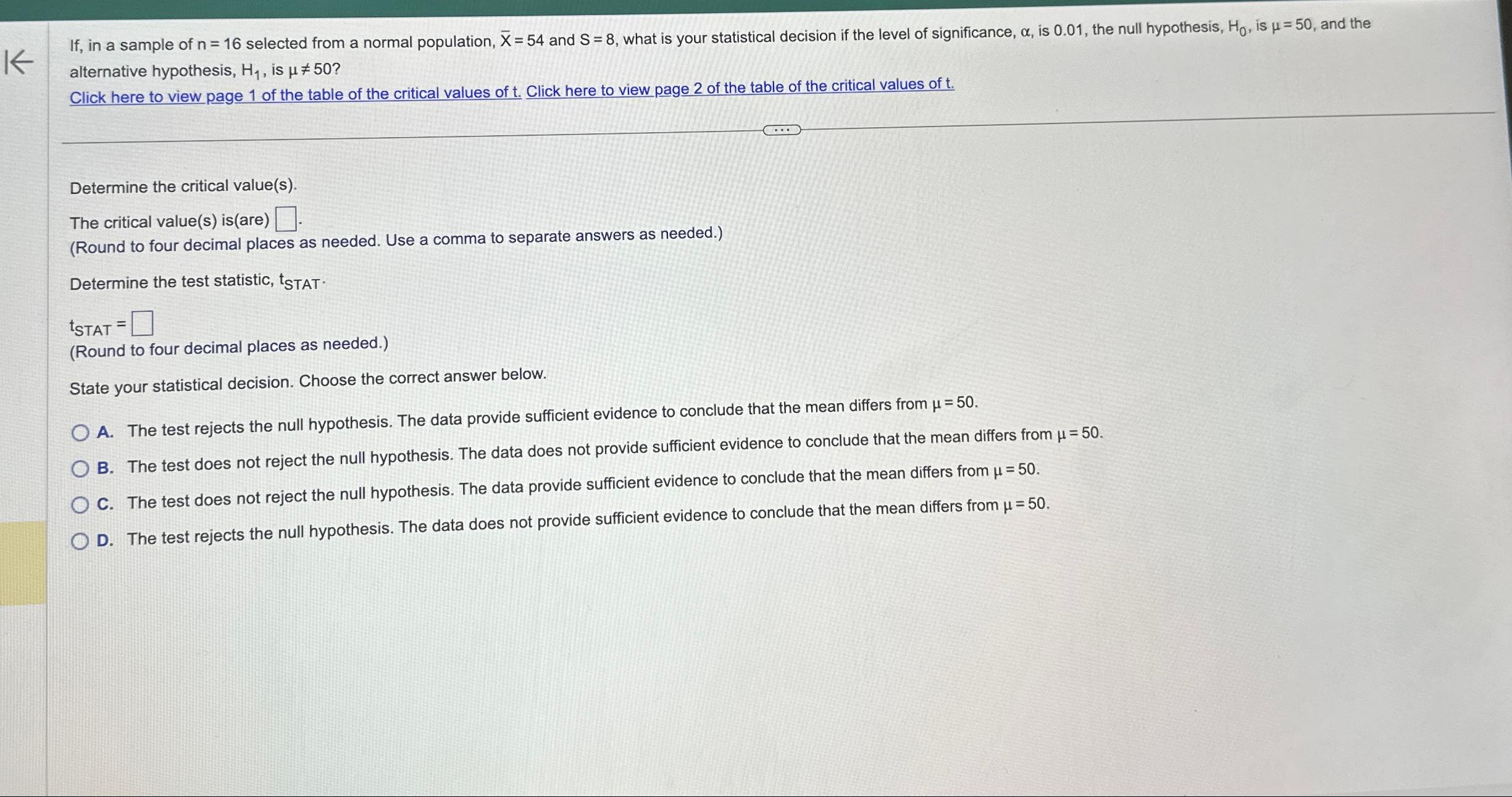 Solved alternative hypothesis, H1, ﻿is μ≠50 ?Click here to | Chegg.com