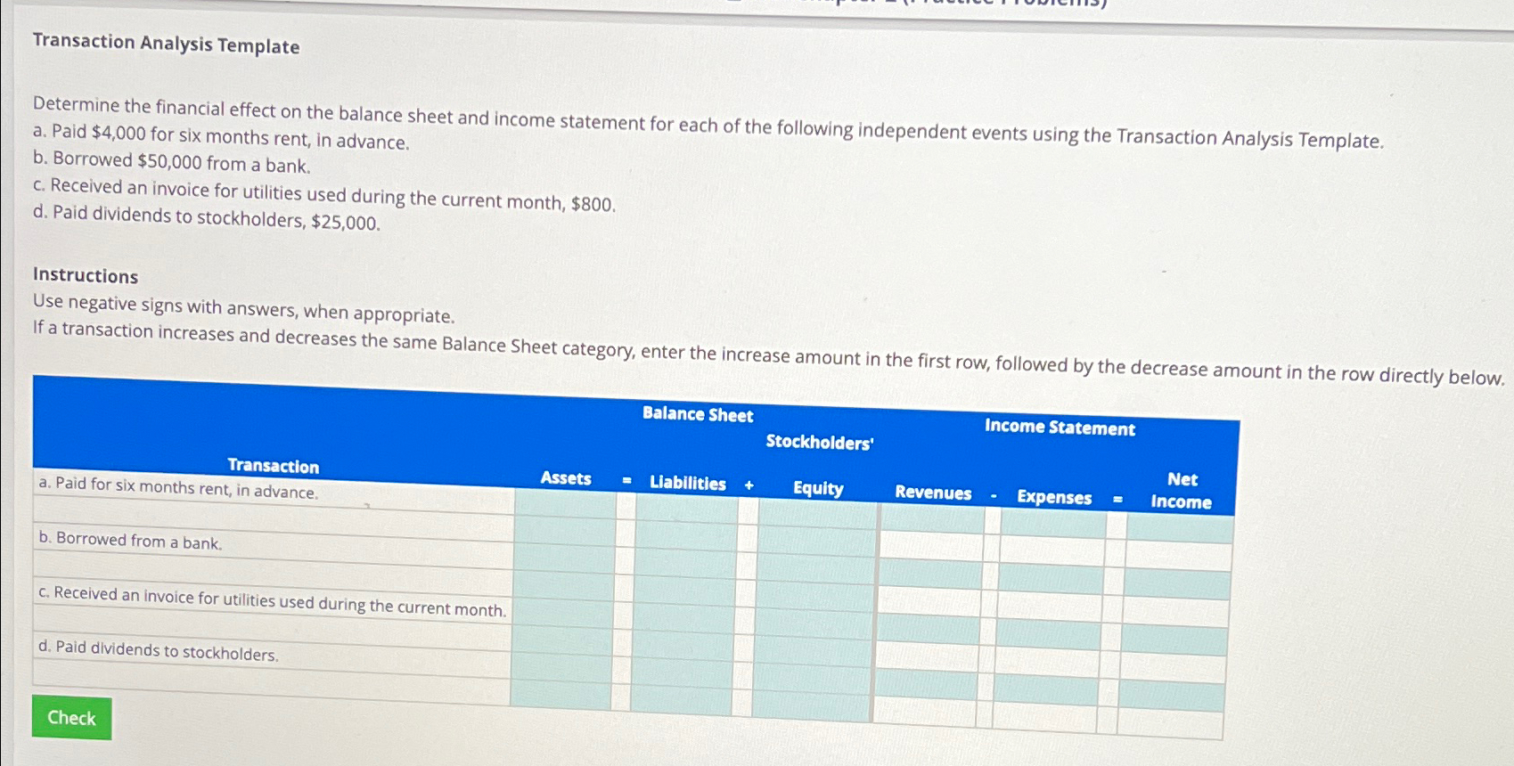 Solved Transaction Analysis TemplateDetermine the financial | Chegg.com