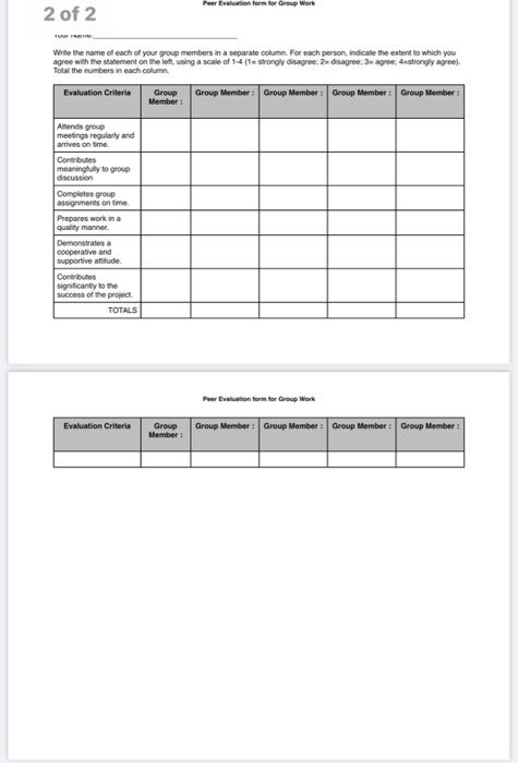 Peer Evaluation form for Group Work 2 of 2 Write the | Chegg.com