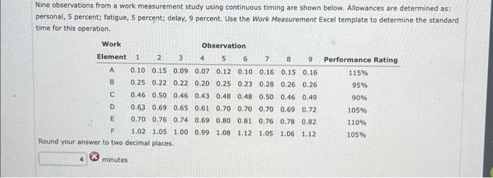 Solved Nine observations from a work measurement study using | Chegg.com