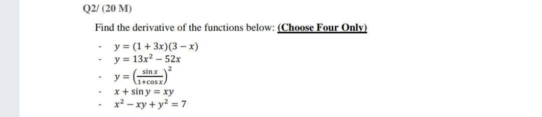 Solved Q2/ (20 M) Find the derivative of the functions | Chegg.com