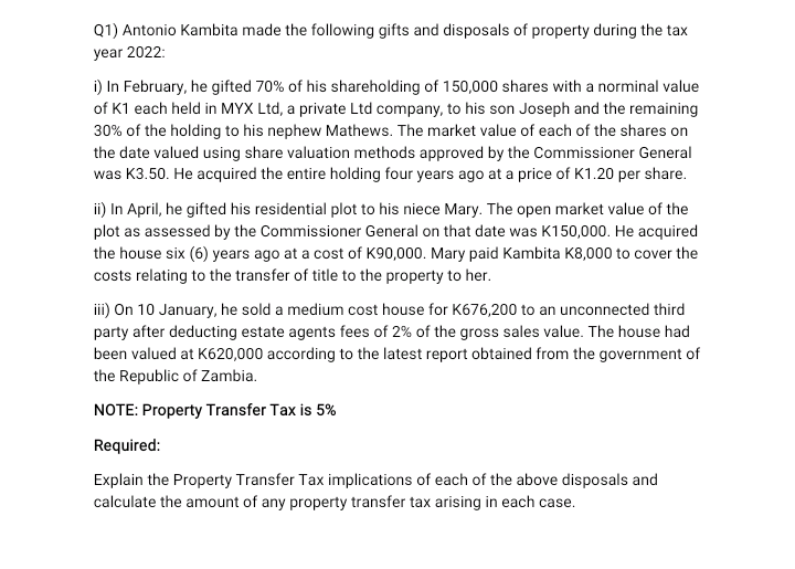 Q1) Antonio Kambita made the following gifts and | Chegg.com