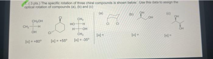 7. ( 3 pts.) The specific rotation of three chiral | Chegg.com