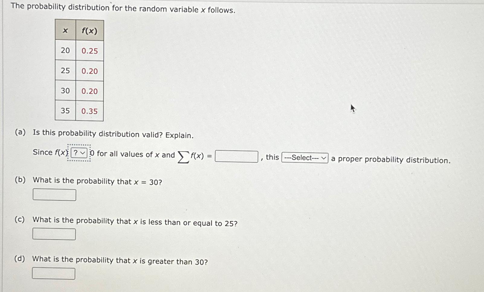 Solved The probability distribution for the random variable | Chegg.com