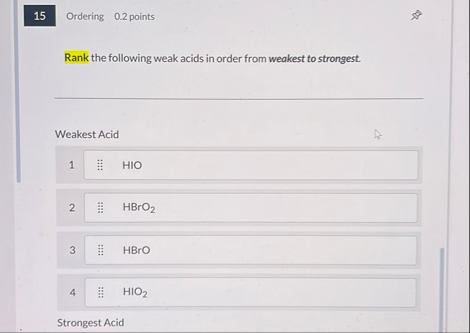 Solved Ordering 0.2 ﻿pointsRank the following weak acids in | Chegg.com