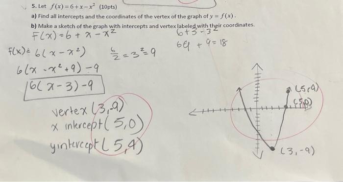 Solved 5. Let f(x)=6+x−x2 (10pts) a) Find all intercepts and | Chegg.com