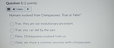 Solved Question 1 (2 ﻿points)Humans evolved from | Chegg.com