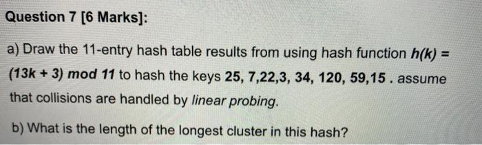 Solved Question 7 [6 Marks]: a) Draw the 11-entry hash table | Chegg.com